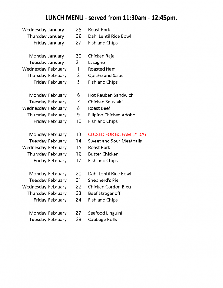 Lunch template Sheet1 – Sechelt Activity Centre
