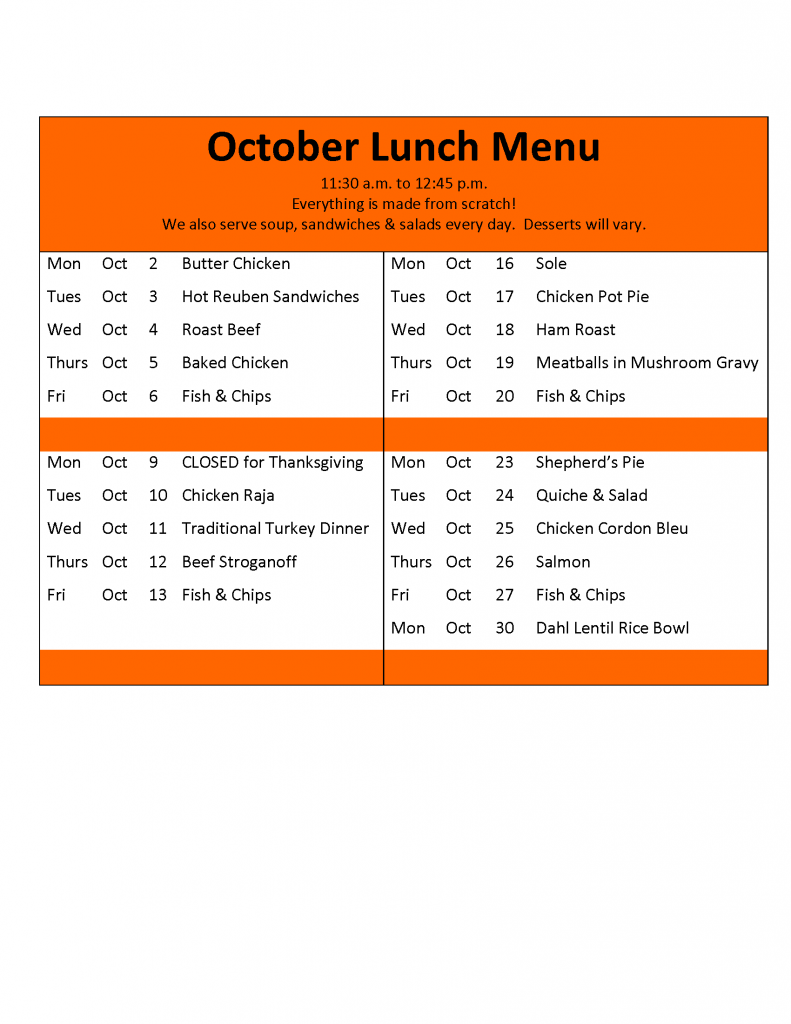 Lunch Menu 1 – Sechelt Activity Centre