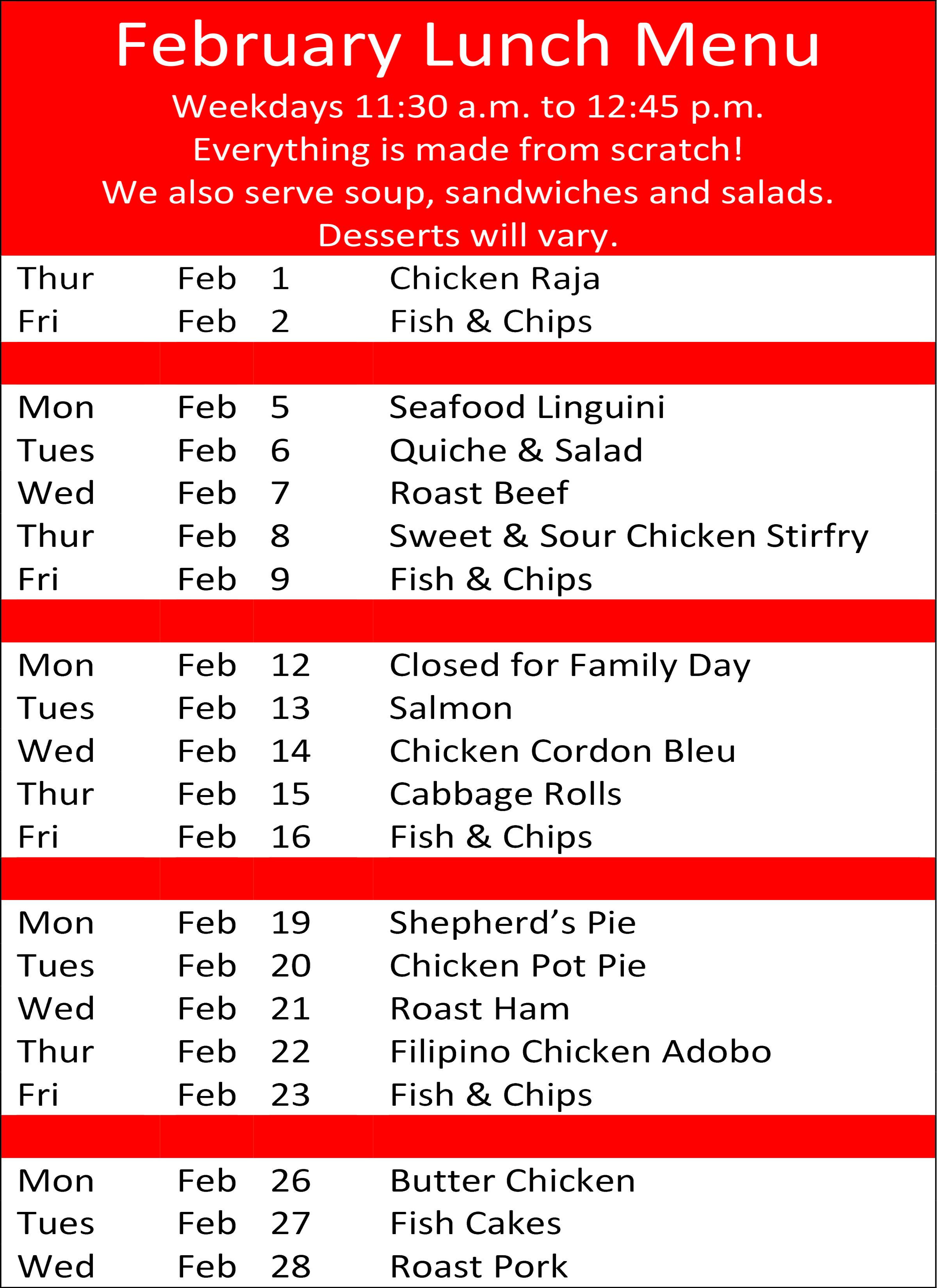 February Lunch Menu – Sechelt Activity Centre
