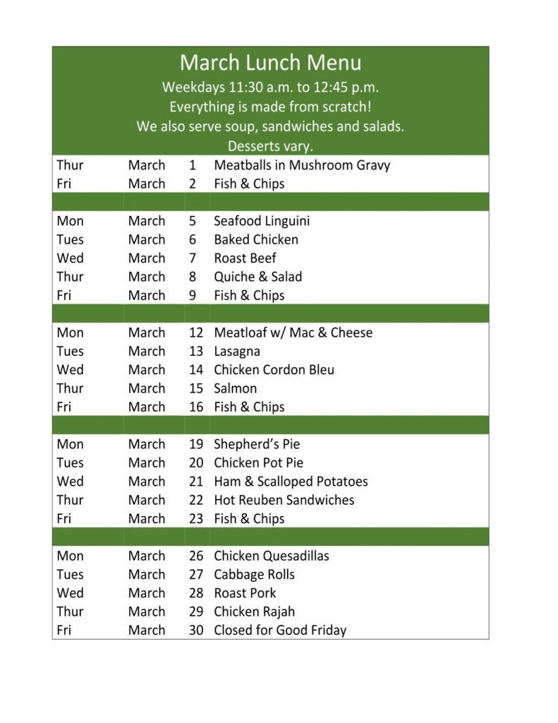 March Lunch Menu – Sechelt Activity Centre