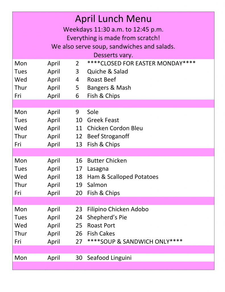 April Lunch Menu-1 – Sechelt Activity Centre