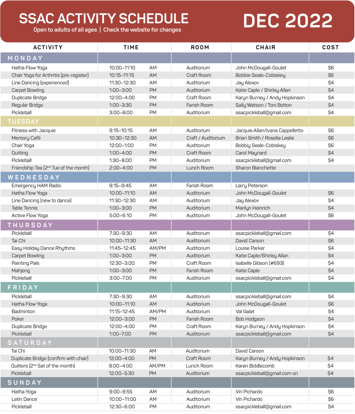 Activity Schedule – Sechelt Activity Centre