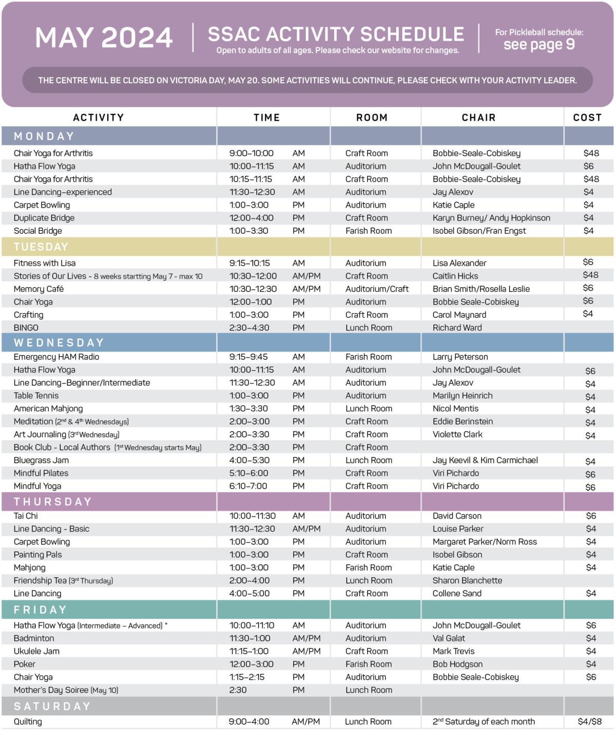 Activity Schedule – Sechelt Activity Centre
