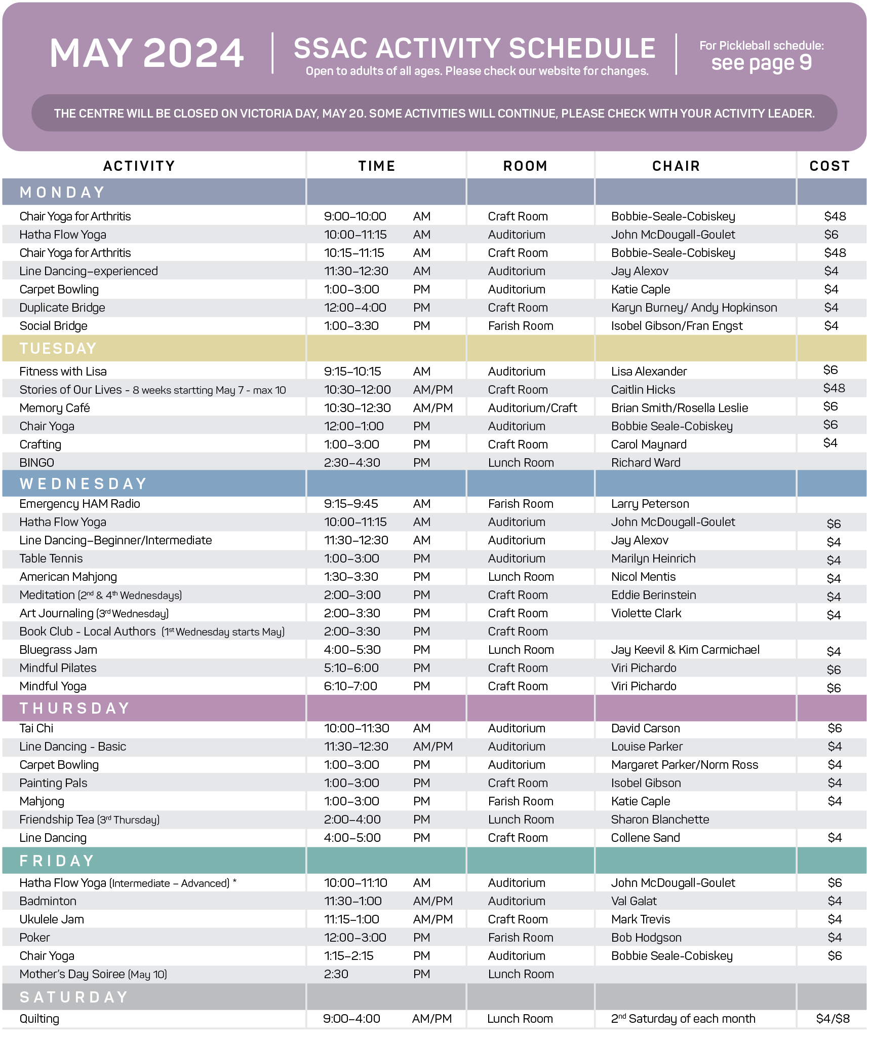 Activity Schedule – Sechelt Activity Centre