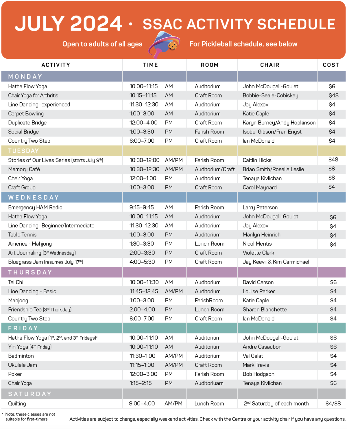 Activity Schedule – Sechelt Activity Centre